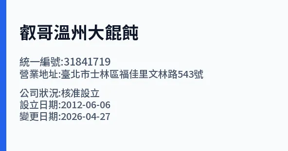 叡哥溫州大餛飩的照片-統編 31841719(臺北市) 公司登記資料與營業項目詳細圖表