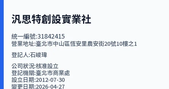 汎思特創設實業社的照片-統編 31842415(臺北市) 公司登記資料與營業項目詳細圖表