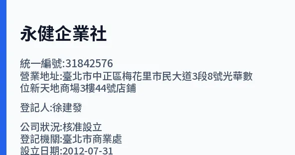 永健企業社的照片-統編 31842576(臺北市) 公司登記資料與營業項目詳細圖表
