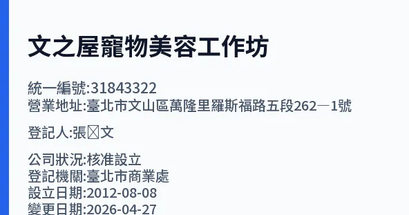 文之屋寵物美容工作坊的照片-統編 31843322(臺北市) 公司登記資料與營業項目詳細圖表