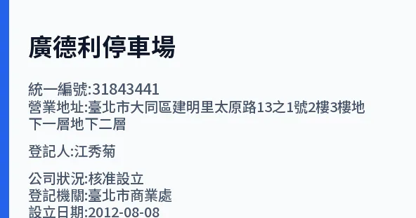 廣德利停車場的照片-統編 31843441(臺北市) 公司登記資料與營業項目詳細圖表