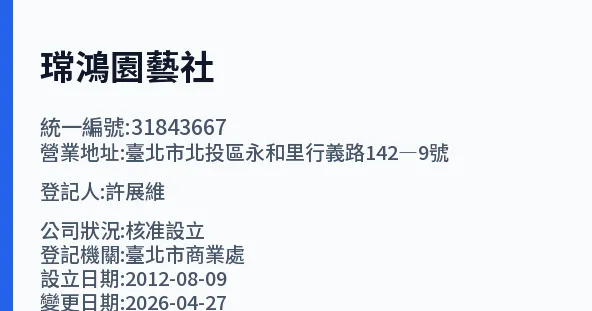 瑺鴻園藝社的照片-統編 31843667(臺北市) 公司登記資料與營業項目詳細圖表