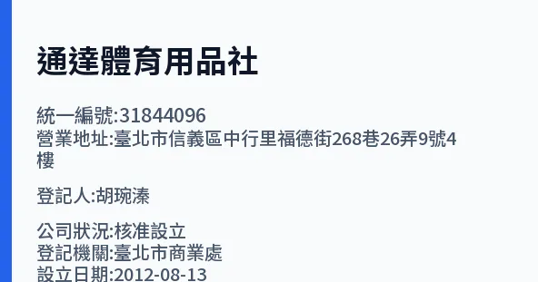 通達體育用品社的照片-統編 31844096(臺北市) 公司登記資料與營業項目詳細圖表