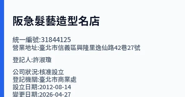 阪急髮藝造型名店的照片-統編 31844125(臺北市) 公司登記資料與營業項目詳細圖表