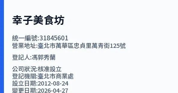 幸子美食坊的照片-統編 31845601(臺北市) 公司登記資料與營業項目詳細圖表