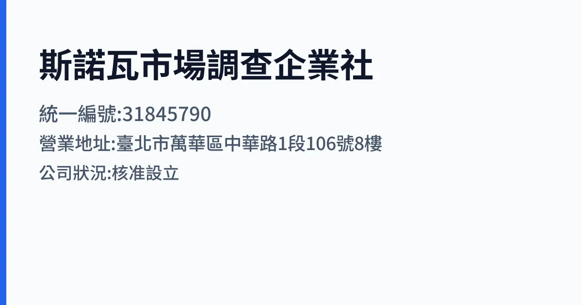 斯諾瓦市場調查企業社 - 統編 31845790(臺北市) 公司登記資料與營業項目詳細圖表