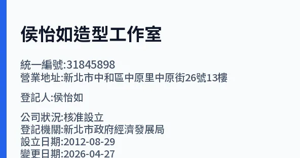 侯怡如造型工作室的照片-統編 31845898(新北市) 公司登記資料與營業項目詳細圖表