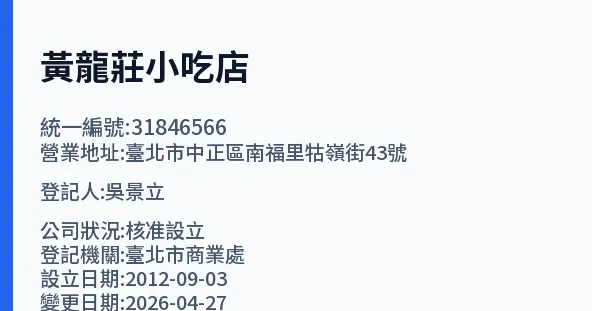 黃龍莊小吃店的照片-統編 31846566(臺北市) 公司登記資料與營業項目詳細圖表