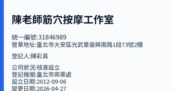 陳老師筋穴按摩工作室的照片-統編 31846989(臺北市) 公司登記資料與營業項目詳細圖表