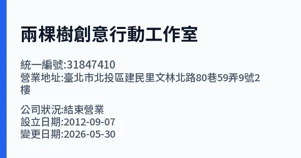 兩棵樹創意行動工作室的照片-統編 31847410(臺北市) 公司登記資料與營業項目詳細圖表