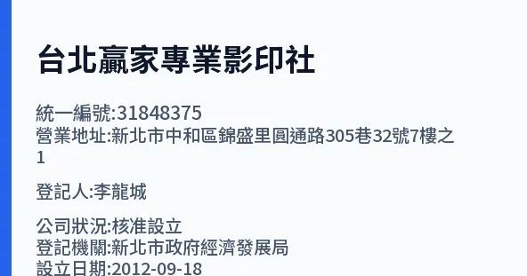台北贏家專業影印社的照片-統編 31848375(新北市) 公司登記資料與營業項目詳細圖表