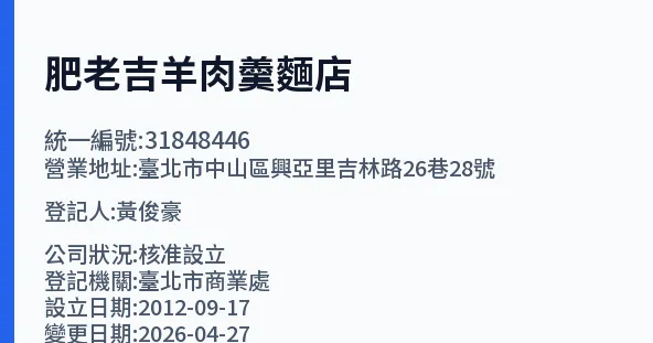 肥老吉羊肉羹麵店的照片-統編 31848446(臺北市) 公司登記資料與營業項目詳細圖表