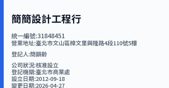 簡簡設計工程行的照片-統編 31848451(臺北市) 公司登記資料與營業項目詳細圖表