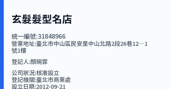 玄髮髮型名店的照片-統編 31848966(臺北市) 公司登記資料與營業項目詳細圖表