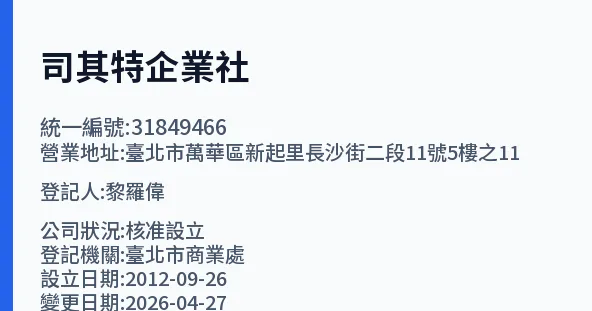司其特企業社的照片-統編 31849466(臺北市) 公司登記資料與營業項目詳細圖表