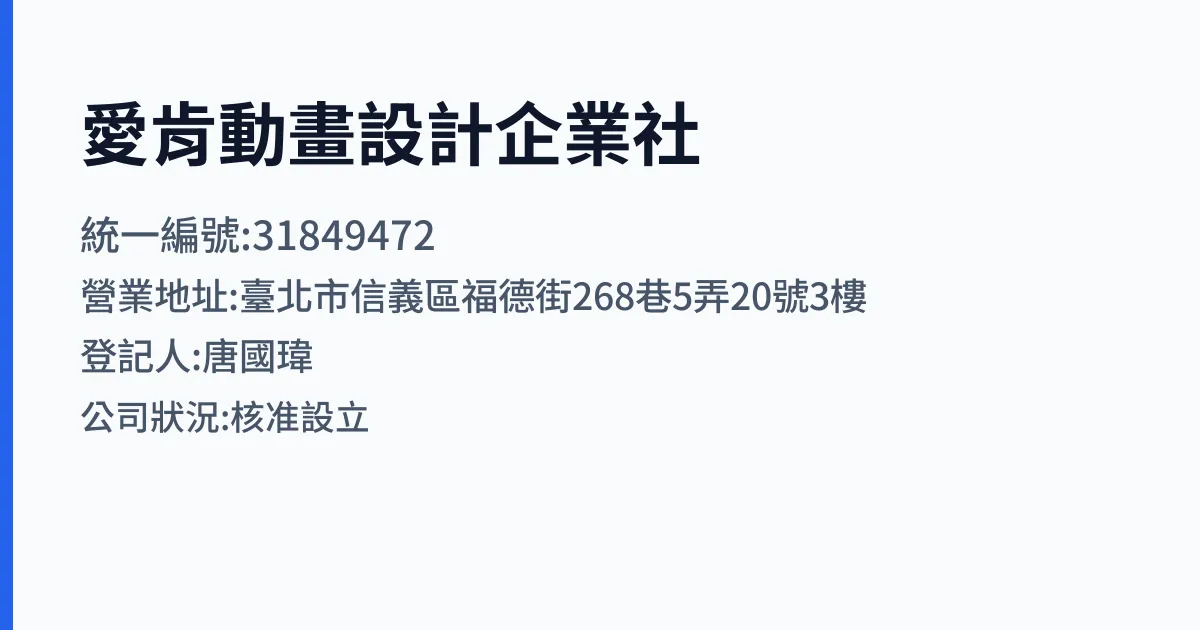 愛肯動畫設計企業社 - 統編 31849472(臺北市) 公司登記資料與營業項目詳細圖表