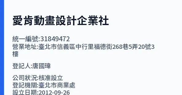 愛肯動畫設計企業社的照片-統編 31849472(臺北市) 公司登記資料與營業項目詳細圖表