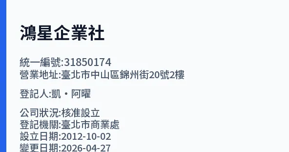 鴻星企業社的照片-統編 31850174(臺北市) 公司登記資料與營業項目詳細圖表