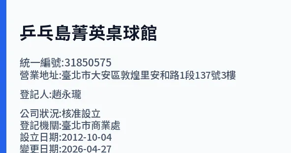 乒乓島菁英桌球館的照片-統編 31850575(臺北市) 公司登記資料與營業項目詳細圖表
