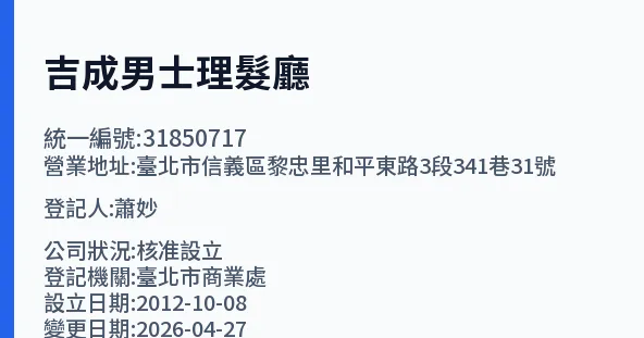 吉成男士理髮廳的照片-統編 31850717(臺北市) 公司登記資料與營業項目詳細圖表