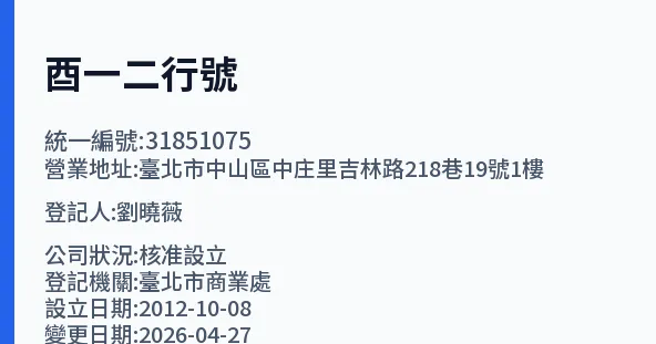 酉一二行號的照片-統編 31851075(臺北市) 公司登記資料與營業項目詳細圖表