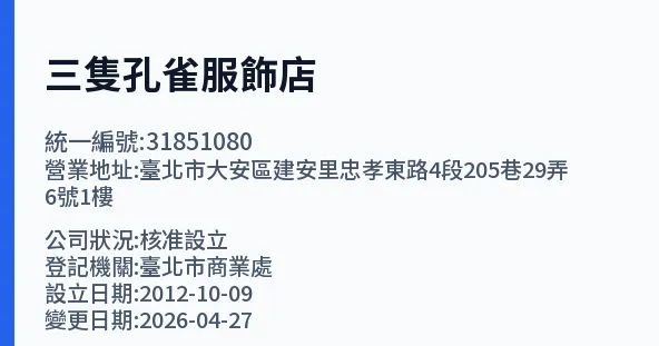 三隻孔雀服飾店的照片-統編 31851080(臺北市) 公司登記資料與營業項目詳細圖表
