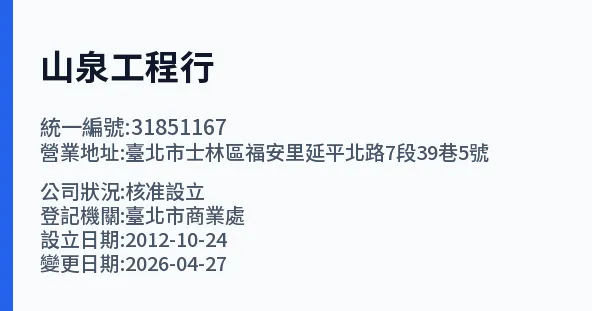 山泉工程行的照片-統編 31851167(臺北市) 公司登記資料與營業項目詳細圖表