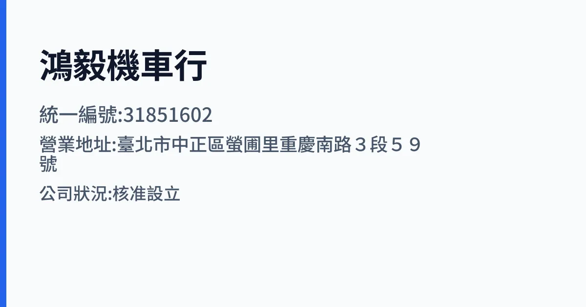 鴻毅機車行 - 統編 31851602(臺北市) 公司登記資料與營業項目詳細圖表