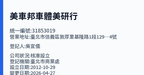 美車邦車體美研行的照片-統編 31853019(臺北市) 公司登記資料與營業項目詳細圖表
