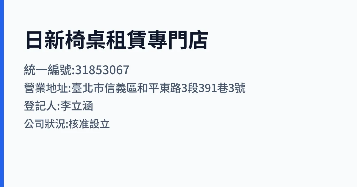 日新椅桌租賃專門店 - 統編 31853067(臺北市) 公司登記資料與營業項目詳細圖表