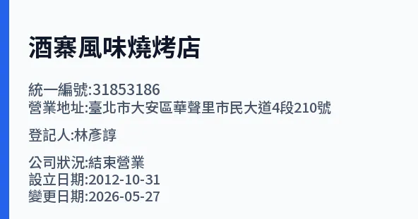 酒寨風味燒烤店的照片-統編 31853186(臺北市) 公司登記資料與營業項目詳細圖表