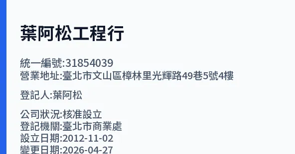 葉阿松工程行的照片-統編 31854039(臺北市) 公司登記資料與營業項目詳細圖表
