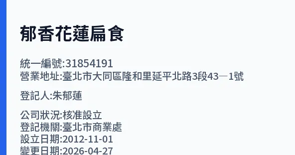 郁香花蓮扁食的照片-統編 31854191(臺北市) 公司登記資料與營業項目詳細圖表