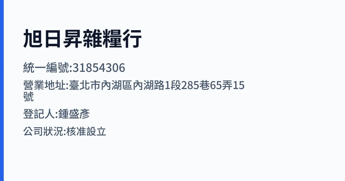 旭日昇雜糧行 - 統編 31854306(臺北市) 公司登記資料與營業項目詳細圖表