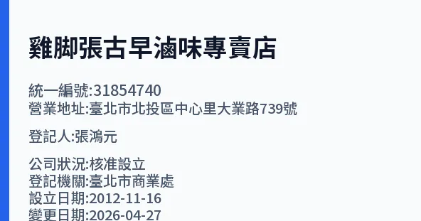 雞脚張古早滷味專賣店的照片-統編 31854740(臺北市) 公司登記資料與營業項目詳細圖表