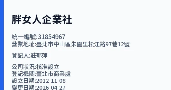 胖女人企業社的照片-統編 31854967(臺北市) 公司登記資料與營業項目詳細圖表