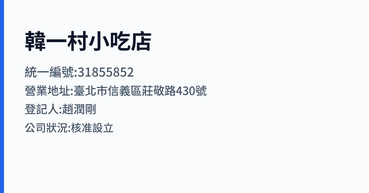 韓一村小吃店 - 統編 31855852(臺北市) 公司登記資料與營業項目詳細圖表