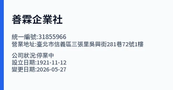 善霖企業社的照片-統編 31855966(臺北市) 公司登記資料與營業項目詳細圖表
