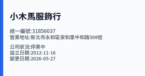 小木馬服飾行的照片-統編 31856037(新北市) 公司登記資料與營業項目詳細圖表