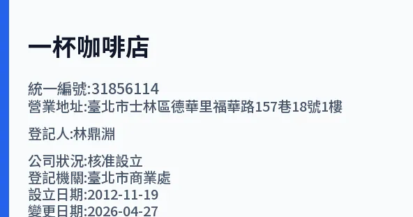一杯咖啡店的照片-統編 31856114(臺北市) 公司登記資料與營業項目詳細圖表
