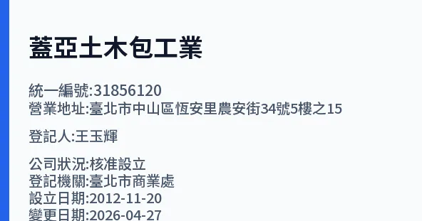 蓋亞土木包工業的照片-統編 31856120(臺北市) 公司登記資料與營業項目詳細圖表