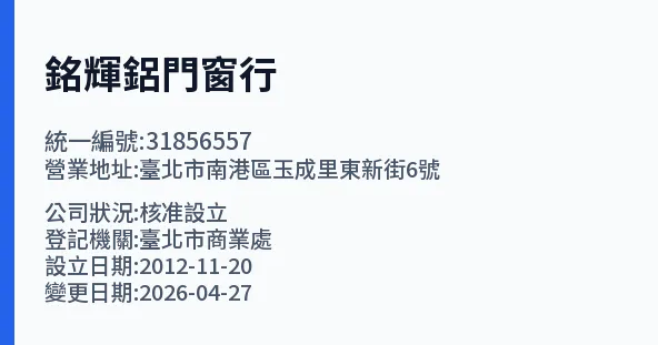 銘輝鋁門窗行的照片-統編 31856557(臺北市) 公司登記資料與營業項目詳細圖表