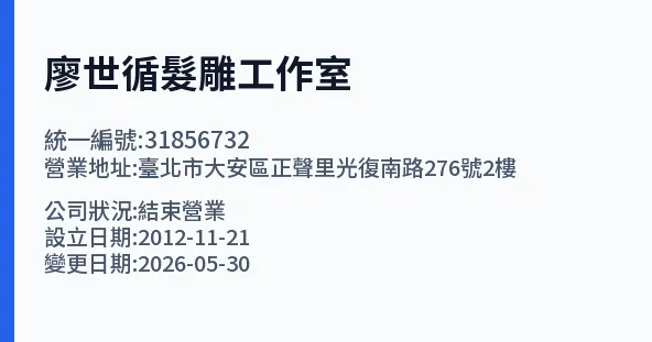 廖世循髮雕工作室的照片-統編 31856732(臺北市) 公司登記資料與營業項目詳細圖表