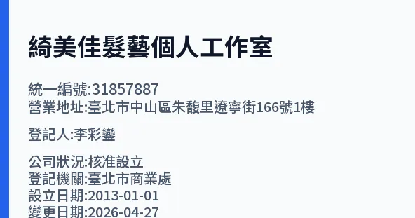 綺美佳髮藝個人工作室的照片-統編 31857887(臺北市) 公司登記資料與營業項目詳細圖表