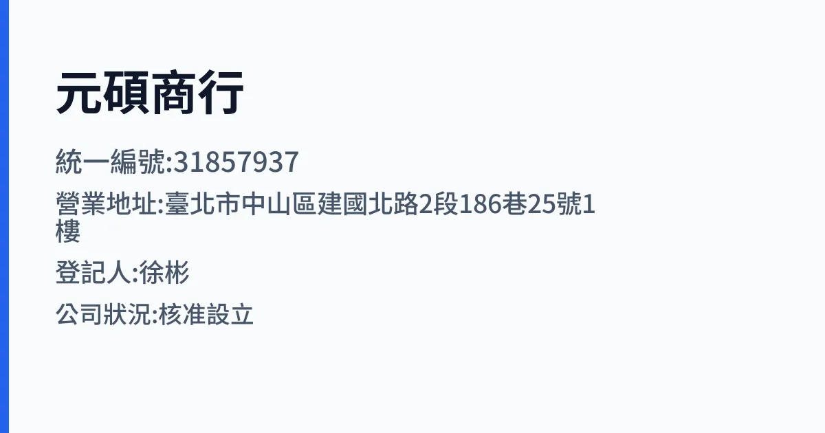 元碩商行 - 統編 31857937(臺北市) 公司登記資料與營業項目詳細圖表