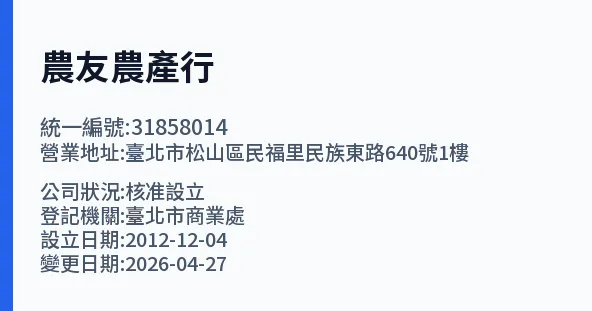農友農產行的照片-統編 31858014(臺北市) 公司登記資料與營業項目詳細圖表