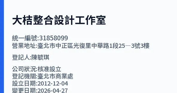 大桔整合設計工作室的照片-統編 31858099(臺北市) 公司登記資料與營業項目詳細圖表
