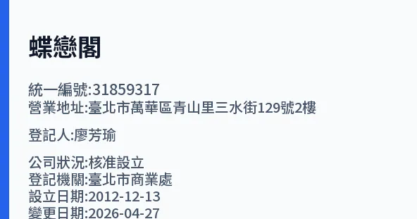 蝶戀閣的照片-統編 31859317(臺北市) 公司登記資料與營業項目詳細圖表