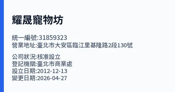 耀晟寵物坊的照片-統編 31859323(臺北市) 公司登記資料與營業項目詳細圖表
