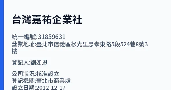 台灣嘉祐企業社的照片-統編 31859631(臺北市) 公司登記資料與營業項目詳細圖表